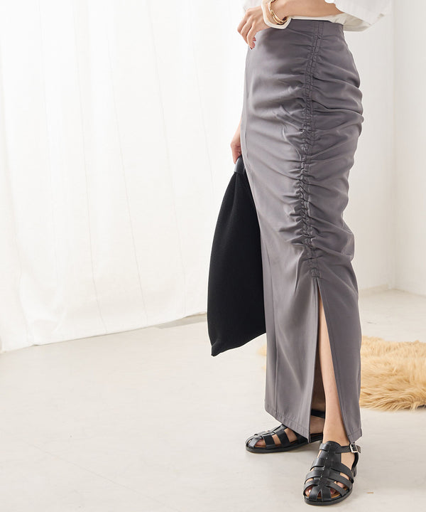 【OMNES】T／PUカットジョーゼットシャーリングハイウエストスリットスカート【1523-8047】