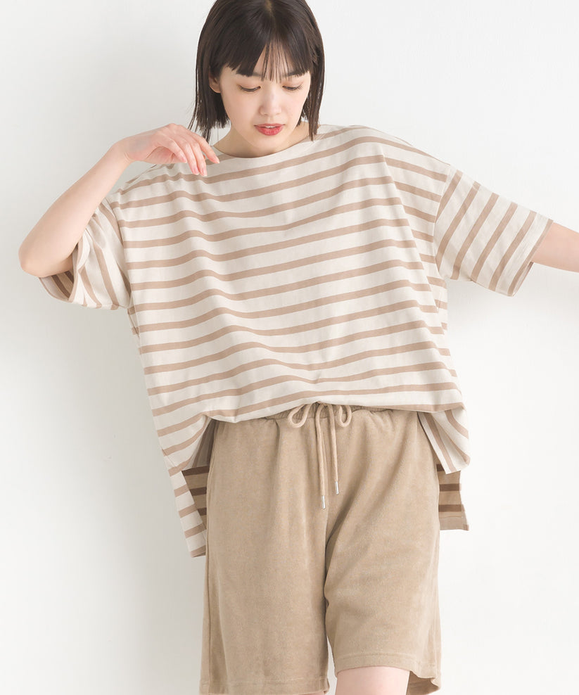 【hbB】【OMNES PURPLE LABEL】10番単ボーダーワイドシルエット半袖プルオーバー【6124-5503】